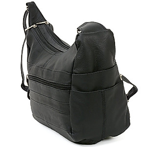 Marshal Women's Genuine Leather Purse Adjustable Strap Mid Size Multi Pocket Shoulder Bag (Black)