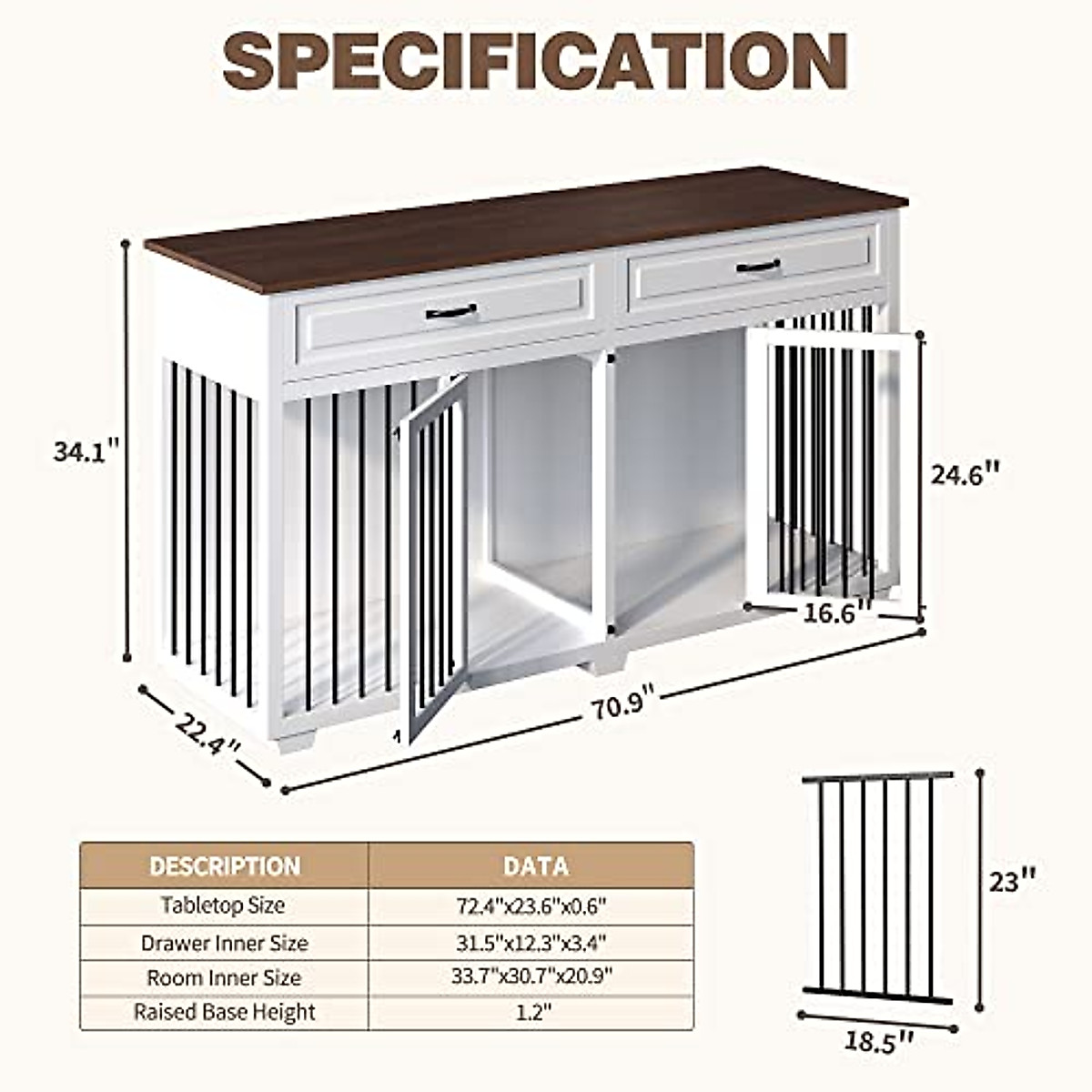 JINLLY Large Dog Crate Furniture, 72.4" Wooden Dog Crate Kennel with 2 Drawers and Divider, XXL Heavy Duty Dog Crates Cage Furniture for Large Dog or 2 Medium Dogs Indoor, White
