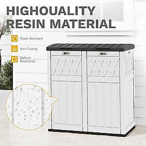 DWVO 66 Gallon Double-Bin Outdoor Trash Can, Waterproof Resin Garbage Can with Tiered Lid and Drip Tray for Patio, Kitchen, Deck, and Backyard, Grayish-White