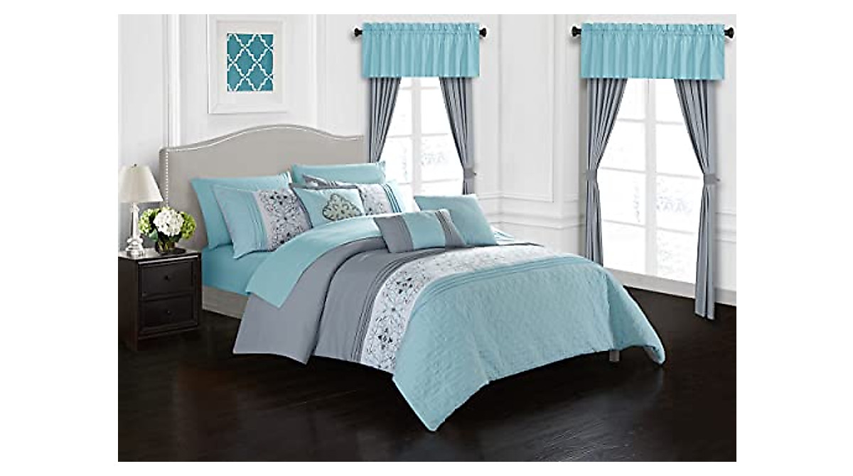 Chic Home Emily 20-Piece Bedding Set - Aqua Blue Comfort & Style