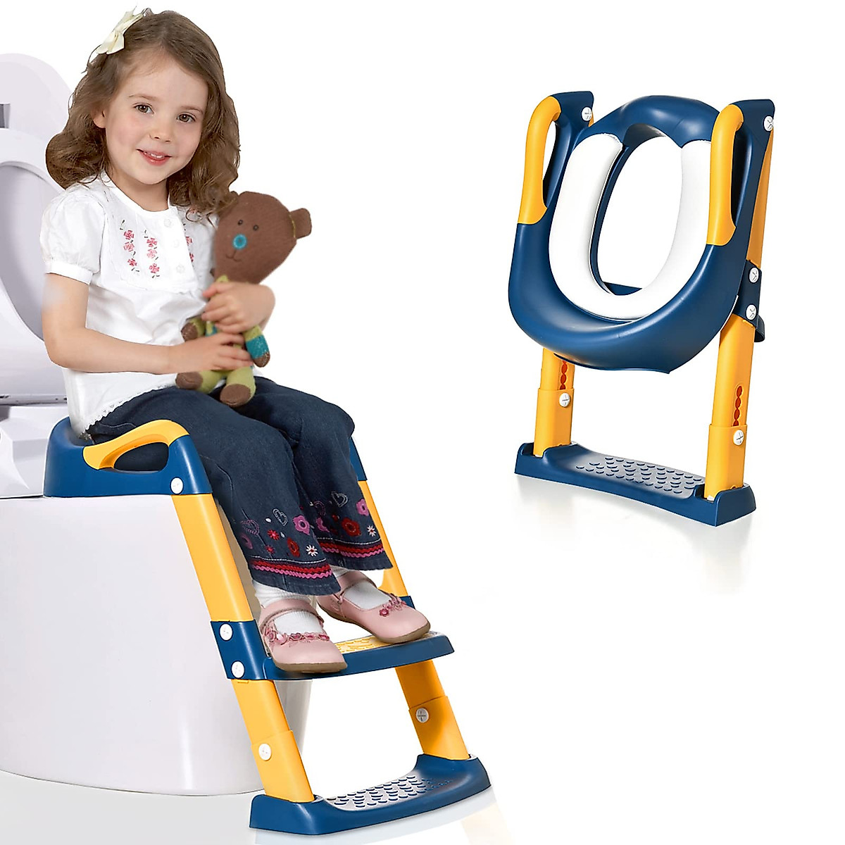 Potty Training Toilet Seat with Step Stool Ladder PU Padded, MateYunkids Foldable Potty Training Chair Seats with Safety Handle, Anti-slip Step Stool Pads for Kids Toddlers