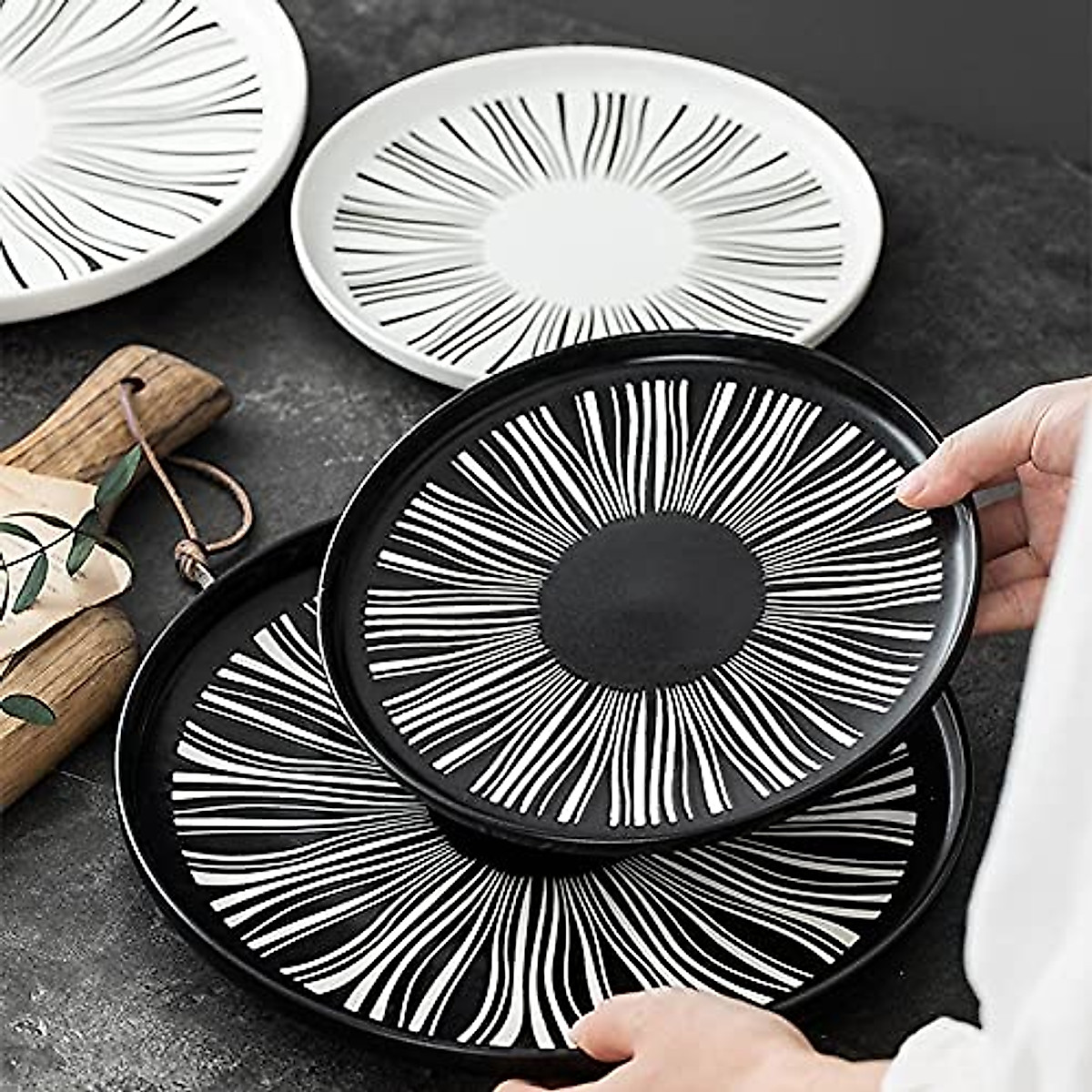 ROLTIN Dessert Dishes Plates Creative Porcelain Dinner Plates Set of 4 Black and White Multiple Stripes Patterns Ceramic Desserts Plate for Steak Salad. Microwave Dishwasher Saf