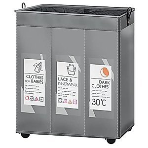 DEDU 120L Laundry Sorter 3 Section Heavy Duty, Extra Large Slim Laundry Hamper Rolling, Collapsible Laundry Basket with Wheels and 2 Leather Handles (Dark Gray)