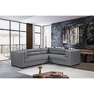 Iconic Home Lorenzo Right Facing Sectional Sofa L Shape PU Leather Upholstered Tufted Shelter Arm Design Espresso Finished Wood Legs Modern Transitional, Grey