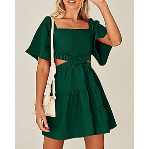 BTFBM Women Summer Dresses 2023 Square Neck Short Sleeve Cutout Crossover Waist Casual Party Tiered A-Line Mini Dress(Solid Green, Small)