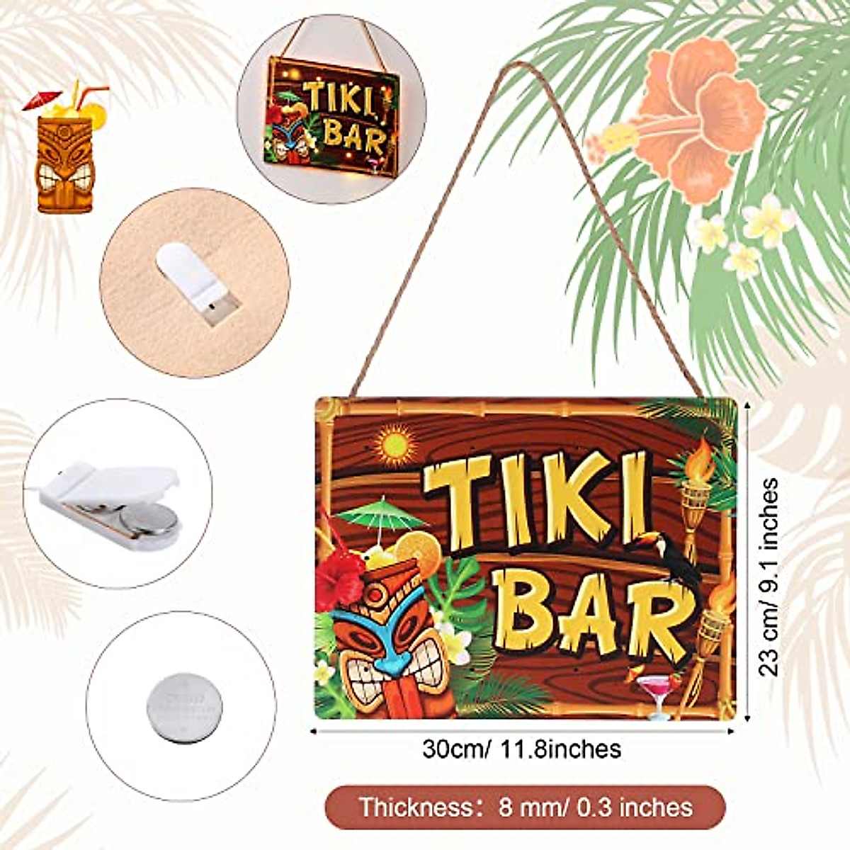 Tiki Bar Sign Hawaiian Luau Party Decoration Supplies Wooden LED Light Tiki Bar Plaque for Aloha Hawaii Luau Tropical Birthday Party Tiki Decorations Tiki Totem Hut Hanging Sign for Home Bar Kitchen