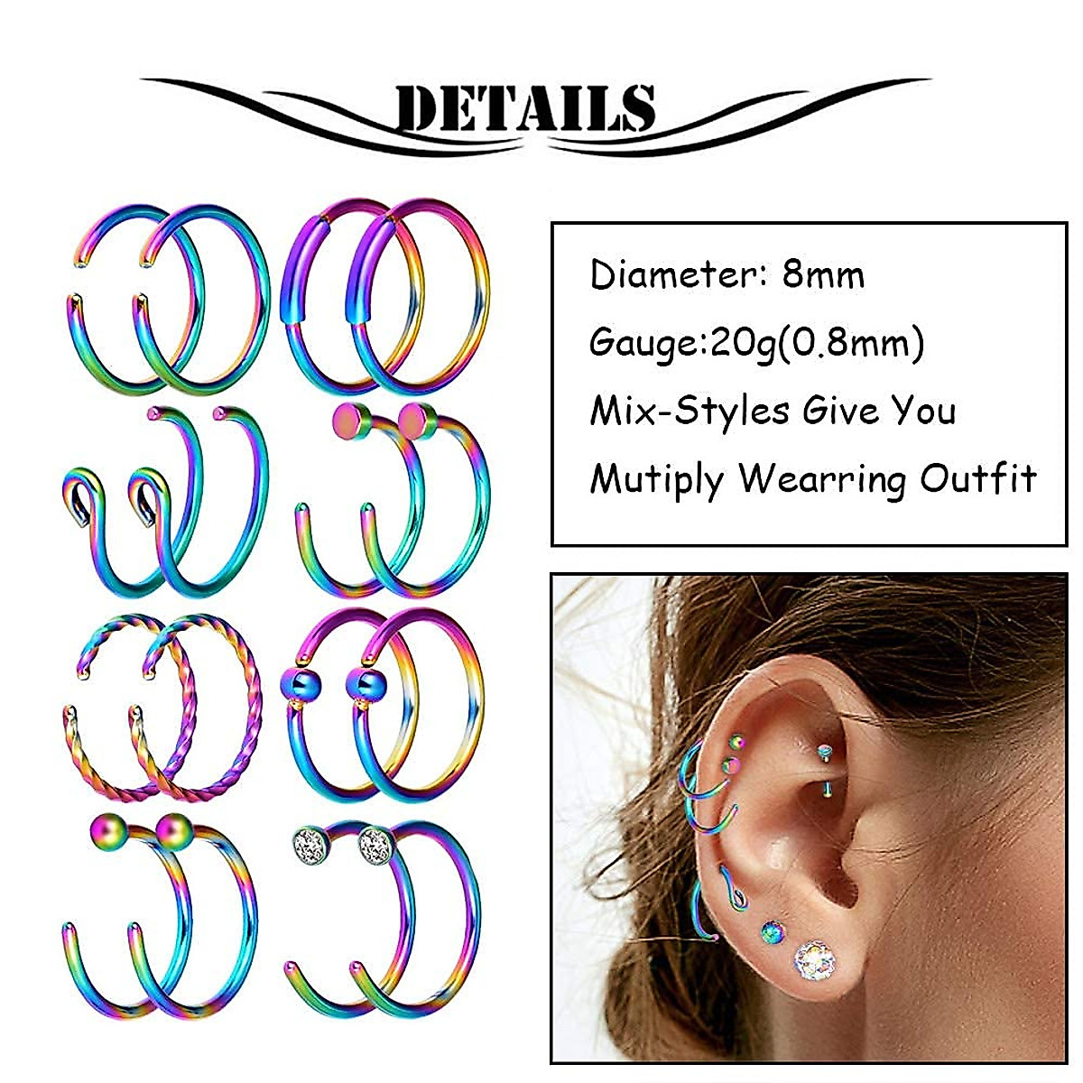 Qmcandy 40Pcs 20G Rainbow Nose Rings Studs Nose Rings Hoop Fashion Piercings Hoop Jewelry Stainless Steel Nose Rings