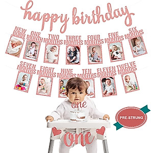 1st Birthday Baby Photo Banner, Happy Birthday Banner 17pcs First Birthday Decorations for Girl Newborn to 12 Months, First Birthday Photo Banner Garland Bunting with ONE Cake Topper, Rose Gold