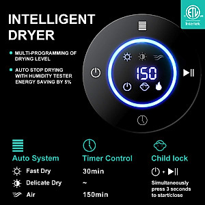 CTT 13 Lbs /3.5 Cu.Ft. Portable Clothes Dryer, 1500W Intelligent Compact Portable Tumble Clothes Laundry Dryer With Humidity Sensor - Gray