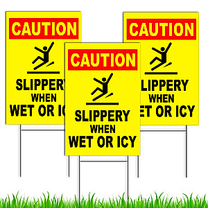 3 PC Caution Slippery When Wet Sign - 8 x 12 Double Sided Coroplast Wet Floor Signs - Watch Your Step Sign - Wet Floor Signs Commercial