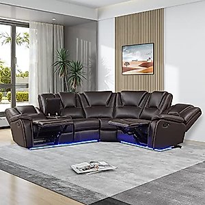 Modern Manual Reclining Motion Corner Sectional Sofa ,5 Seaters PU Leather Recliner Sofa & Couch Curved L-Shaped Couch W/ LED Strip, Console Storage and 2 Cup Holders for Living Room Furniture Sets