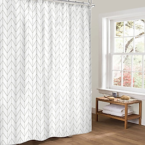 Riyidecor Chevron Shower Curtain White Beige Geometric Herringbone 60Wx72H Inch Striped Simple Modern Classy Neutral Contemporary Decor Fabric Bathroom Set Polyester Waterproof