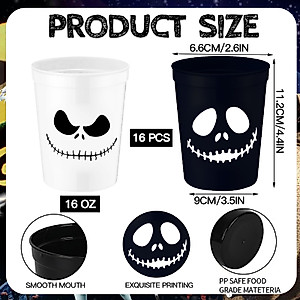 krelhia 16 PCS Christmas Nightmare Party Plastic Cups,Reusable White and Black Plastic Cups Baby Shower Camping Party Supplies for Halloween Skeleton Demon Birthday Party Decoration Supplies (16OZ)