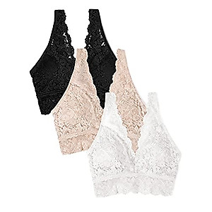 Smart & Sexy Women's Signature Lace Deep V Neck Wireless Bralette, Bralettes For Women With Support, Bralettes and Bralette Pack In the Buff/White/Black M