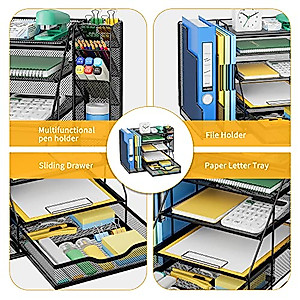 VIVSOL Black 5-Tier Desk Organizer with Pen Holder, Mesh File Folder Holders, Sliding Drawers for Office, School, Home