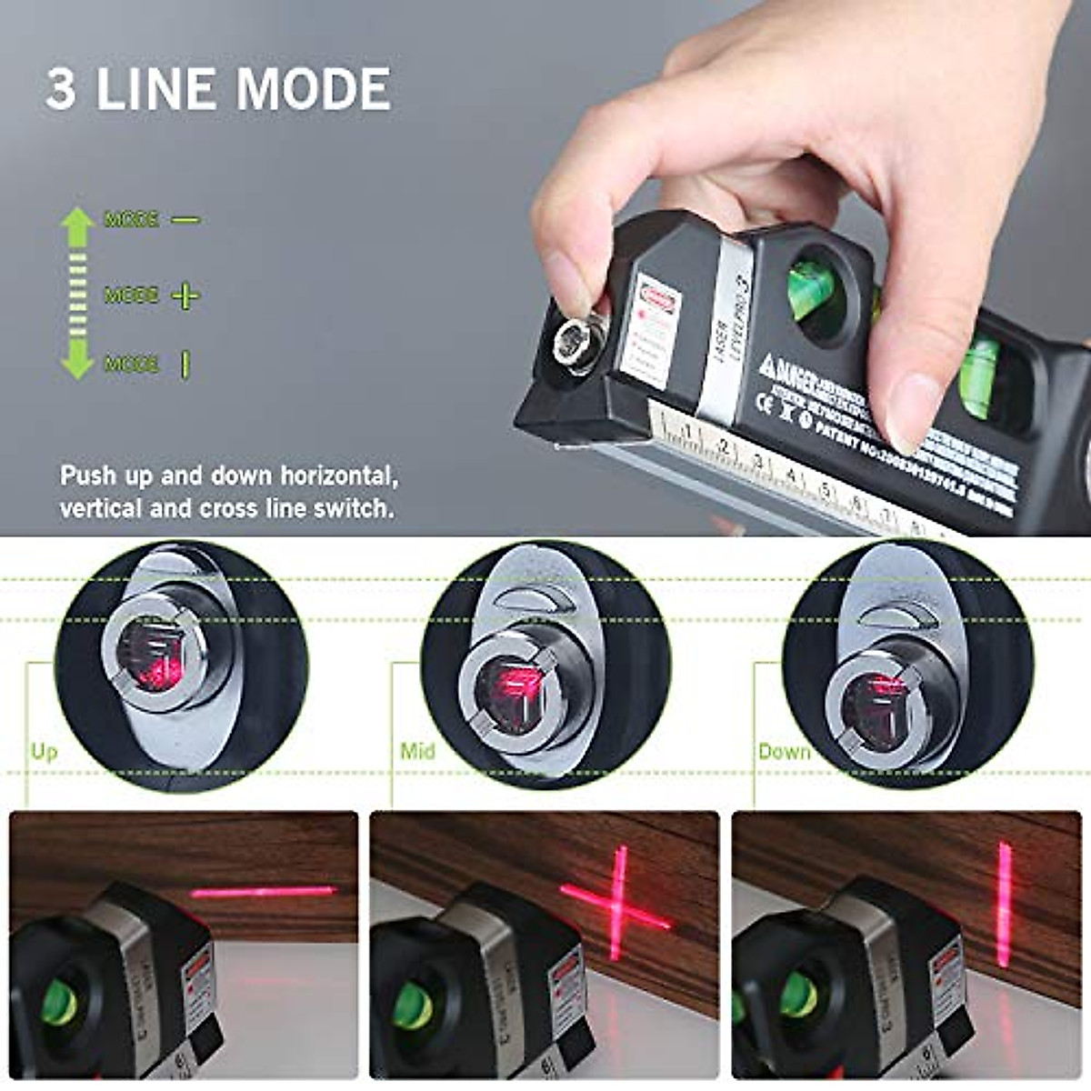 Laser Level, Qooltek Multipurpose Cross Line Laser 8 feet Measure Tape Ruler Adjusted Standard and Metric Rulers for hanging pictures