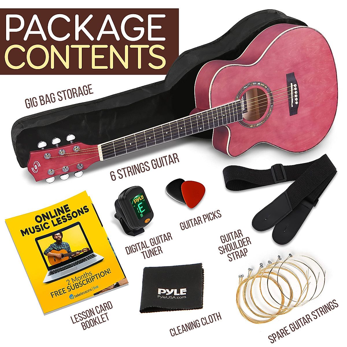 PyleUsa Beginners 6-String Acoustic Guitar-36 Cutaway Body with Accessory Kit (Purple), Left, (PGA550CAPU.5)