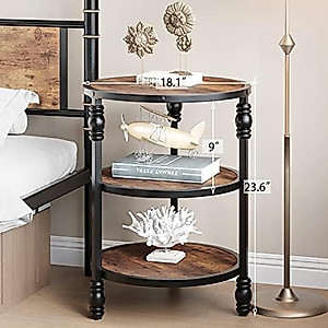 IDEALHOUSE Round End Table, Small Side Table with 3 Shelves for Living Room, Bedroom, Night Stand Accent Coffee Table with Steel Frame for Small Spaces, Rustic Brown
