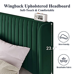 Allewie Queen Size Bed Frame/Velvet Upholstered Platform Bed/Vertical Channel Tufted Wingback Headboard/Strong Wooden Slats/No Box Spring Needed/Easy Assembly/Green