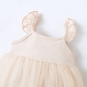 OPAWO Newborn Dress Infant Tulle Dress Baby Girl Photoshoot Outfits Summer Romper Onsies with Strap and Headband 12-18 Months Beige