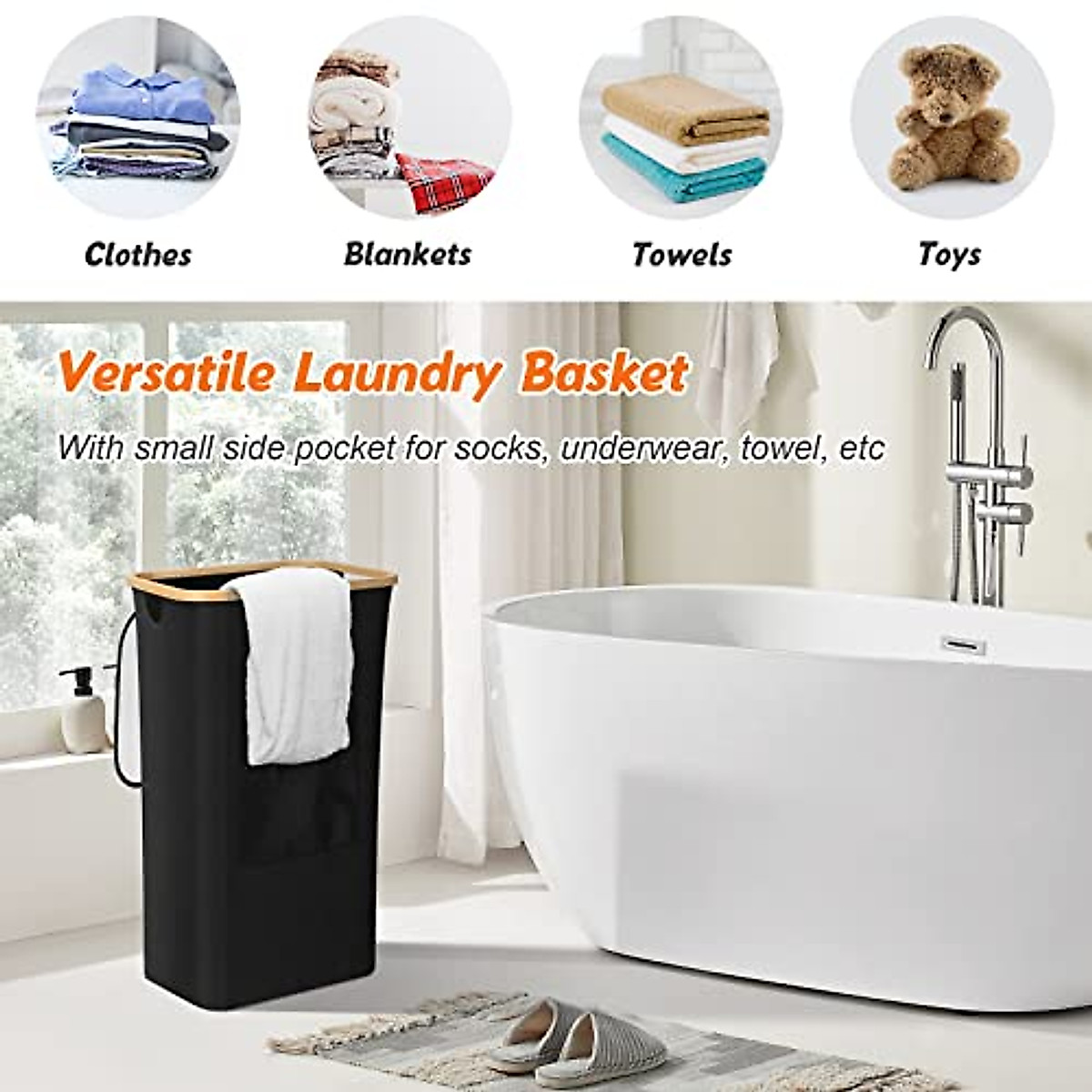 GLCONN Flip-Lid Laundry Hamper Tall Laundry Basket - Collapsible Laundry Bin Storage Basket - Large Hampers with Lid for Laundry, Toys, Clothes, Bedroom, Bathroom, Nursery, Closet - 105L, Black