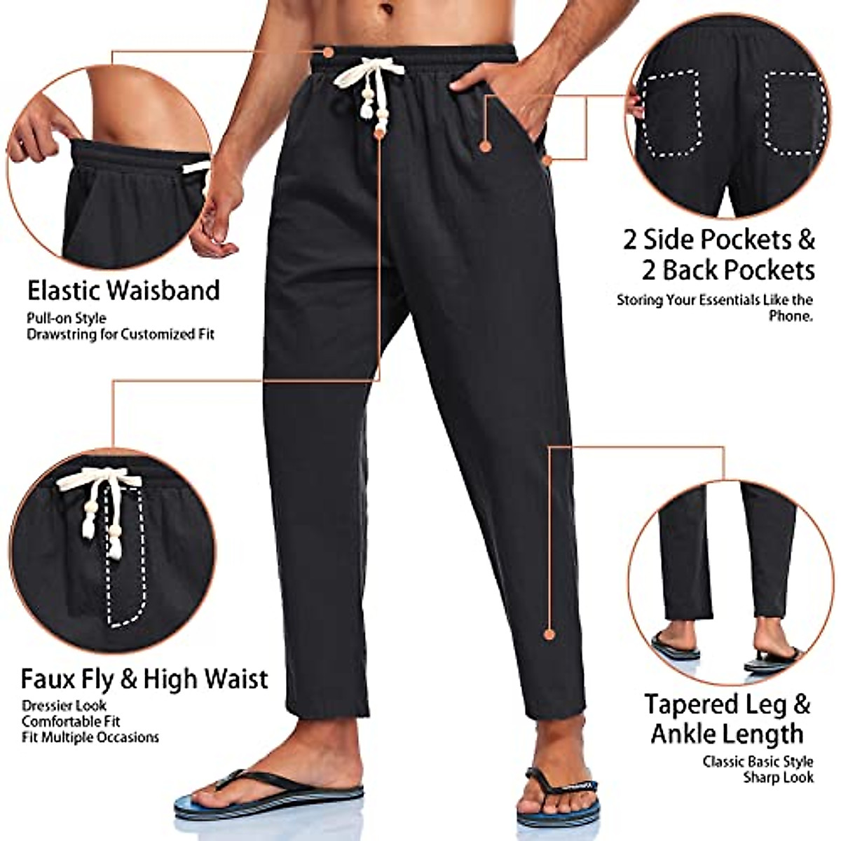 sherelie Men's 100% Cotton Ankle Pants Drawstring Linen Like Pants 4 Pockets Pull-On Pants Lounge Casual Summer Beach Trousers, Black, XL