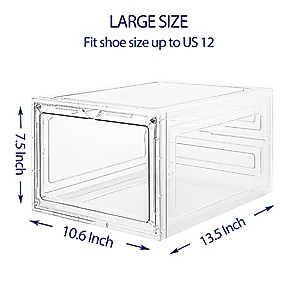 DEZENE Large Sturdy Storage Boxes: Pack of 6 Stackable Clear Plastic Organizer Containers for Closet, Drop Front Bins for Display Sneakers, Fit Shoe Size Up to US Men 12