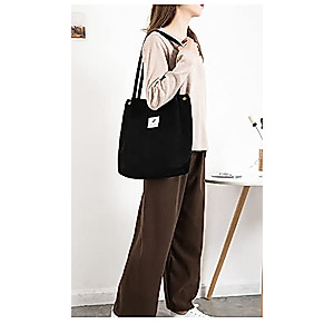 ALUWU Corduroy Tote Bag for Women Girl Casual Work Canvas Shoulder Handbags Cute Purse Black