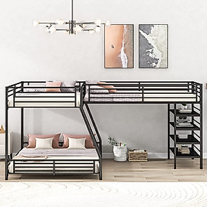 DNYN Twin Over Full Bunk Bed for Kids,L-Shaped Metal Bedframe with Loftbed Style & 4 Built-in Shelves,Perfect for Dorm,Bedroom,Guest Room,No Box Spring Needed,117.2"x77.5"x62.9", Black