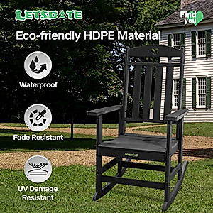 letsdate Love High Back Plastic Rocking Chairs Outdoor & Indoor | Oversized HDPE Rocker Chairs | Easy to Assemble | Max Weight 500lbs | for Lawn, Porch, Patio, Backyard, Fire Pit, Garden (Black)