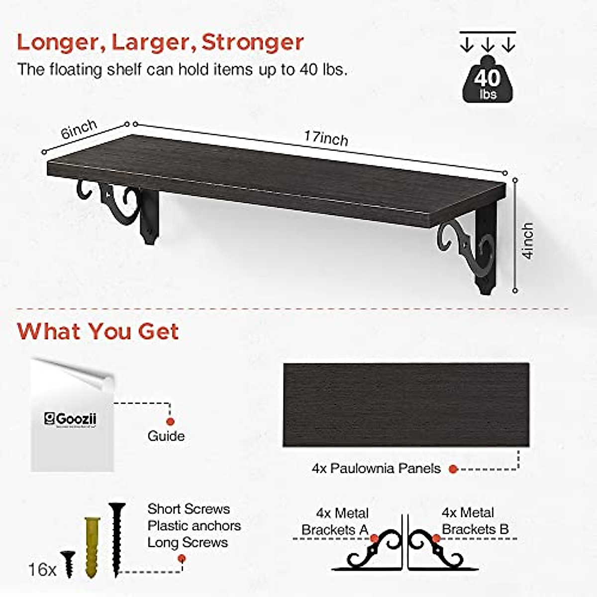 Goozii Black Shelves for Wall Set of 4, Floating Bathroom Shelves Over Toilet Wall Mounted, Wood Decorative Shelves for Bedroom Books, Living Room Decor, Closet Storage (Wide 17 x Deep 6 Inch)