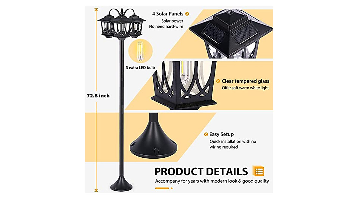 PASAMIC Solar Post Lights - Waterproof 3-Head Outdoor Garden Lighting