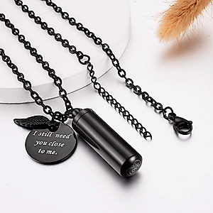 abooxiu Cylinder Urn Necklace for Ashes Cremation Jewelry/Keychain for human Pet Stainless Steel Memorial Keepsake Pendant with Angel Wing Charm Ashes Jewelry-Black M