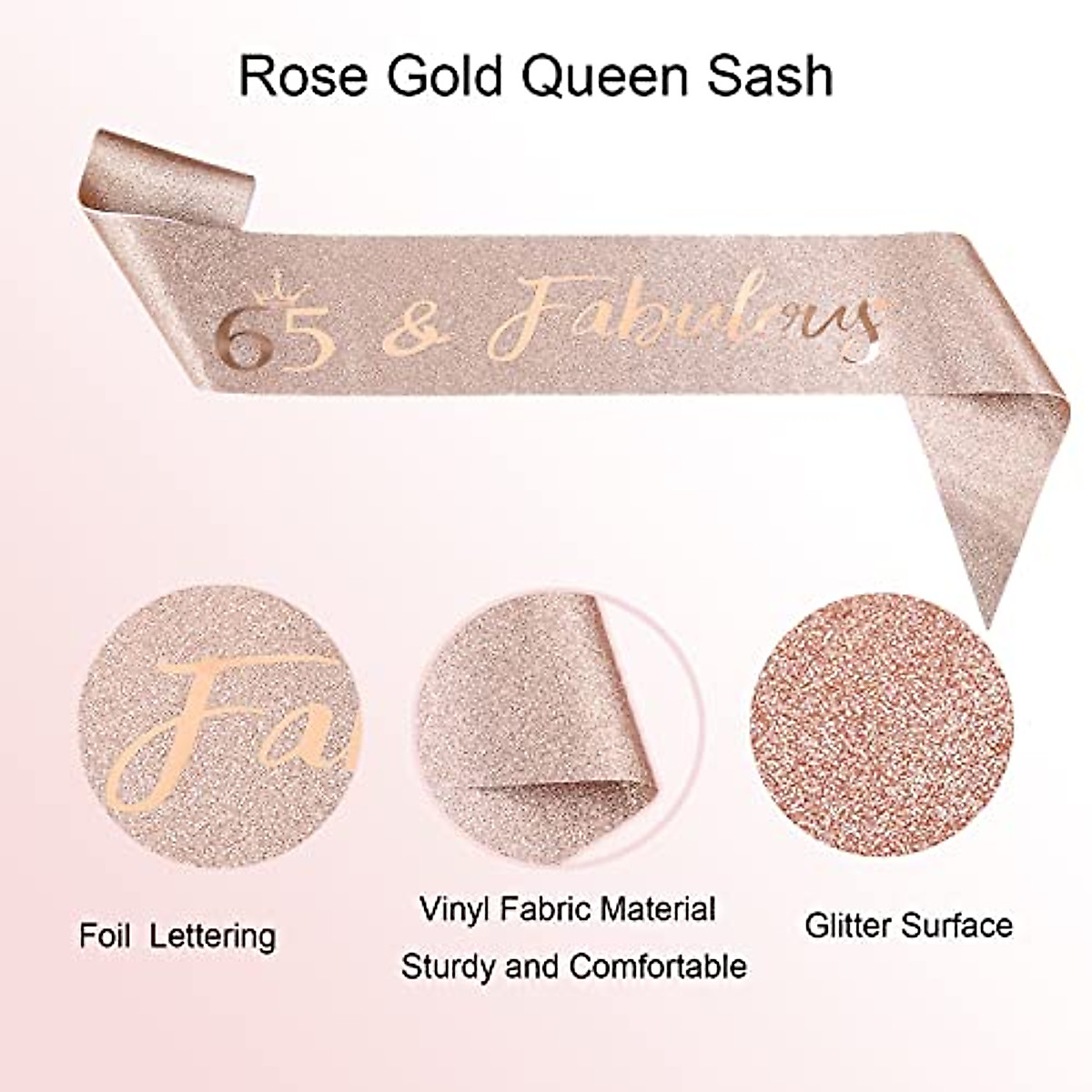 65th Birthday Decorations for Women，Rose Gold 65 Birthday Crown Tiara ，Cake Topper, Birthday Sash with Peal Pin and Birthday Candles Kit,65th Birthday Gifts for Women