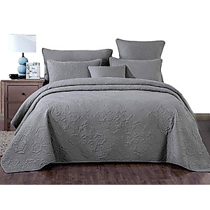DaDa Bedding Stone Washed Grey Elegant Floral Bedspread - Matelassé Ash Silver Diamond Pattern Quilted Vintage Quilt Coverlet Set - Twin - 2-Pieces