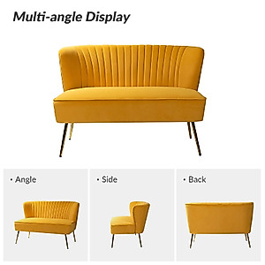 HULALA HOME Velvet Loveseat Sofa with Gold Legs, Mid-Century Modern Upholstered Love seat Couch, Tufted Small 2-Seat Sofa Armless for Living Room, Bedroom, Apartment Small Spaces, Mustard