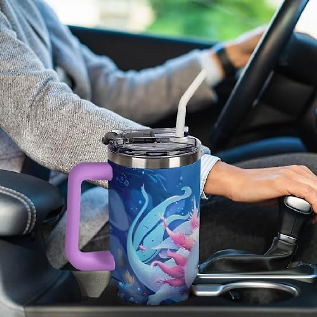 Cute Ocean Animal Axolotl Insulated Tumbler with Lid And Straw Stainless Steel Travel Coffee Mug 40oz Violet-style