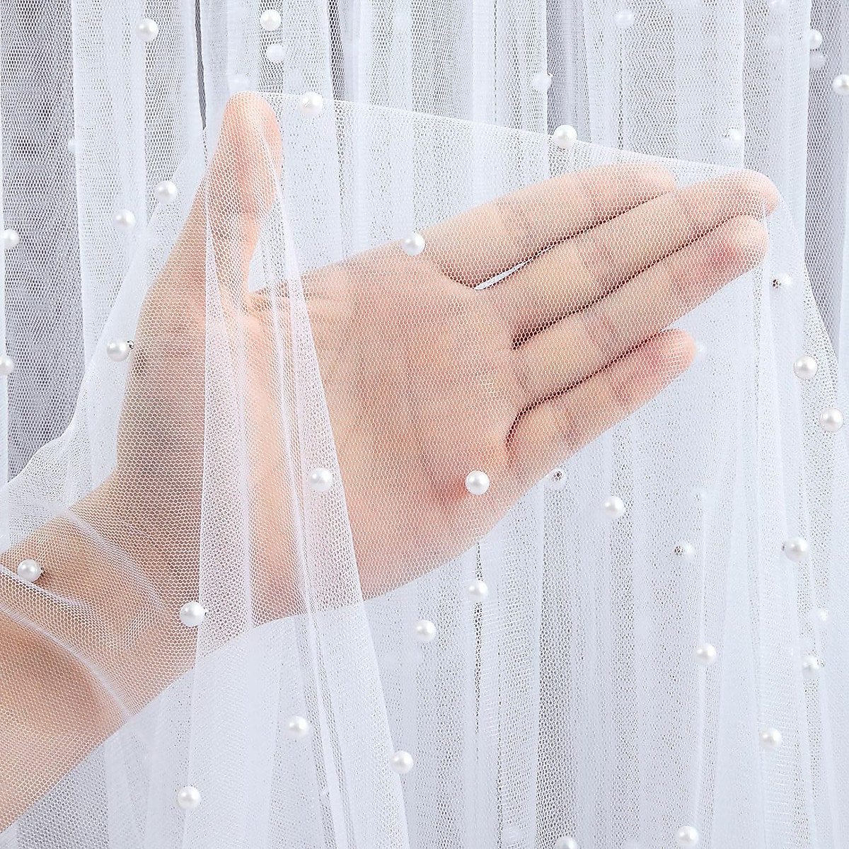 White Tulle Fabric Pearl Table Runner, Wedding Table Runner Decor Lace Table Cloth Wedding Arch Decorations Tulle Ribbon 5 Yards Lace Dessert Tablecloth Table Cover for Birthday Party Bridal Shower