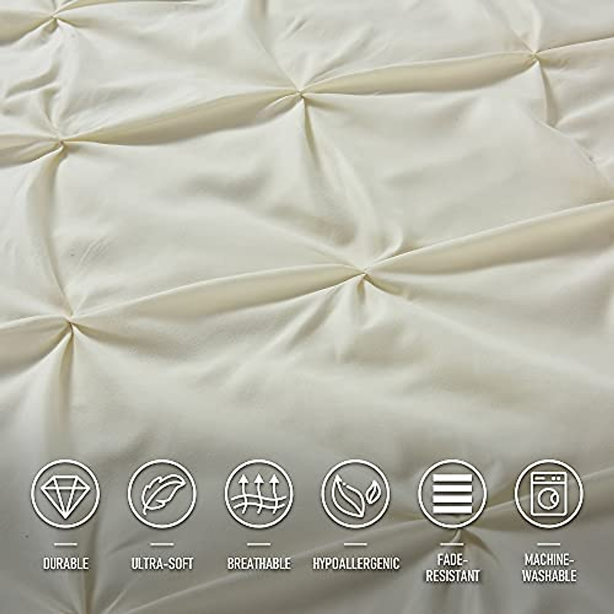 Tyfitb Pinch Pleat Duvet Cover King Size Beige Oversized Duvet Cover Set 3 Piece Floral Pintuck Bedding Set with Zipper Closure