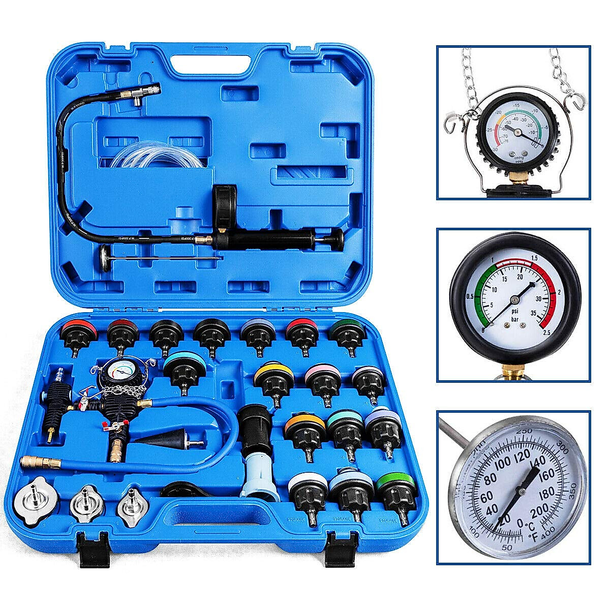 Goplus 28-Piece Universal Radiator Pressure Tester, Vacuum Type Cooling System Tool Kit w/Carrying Case (Blue Case)