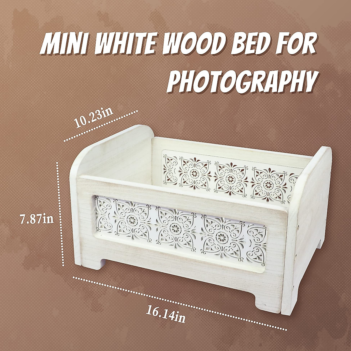 Yarstar Retro Newborn Photography Props Bed with Box White Hollow Carved Pattern Wooden Baby Photography Props Doll Bed Baby Photography Accessories Wooden Mini Doll Bed