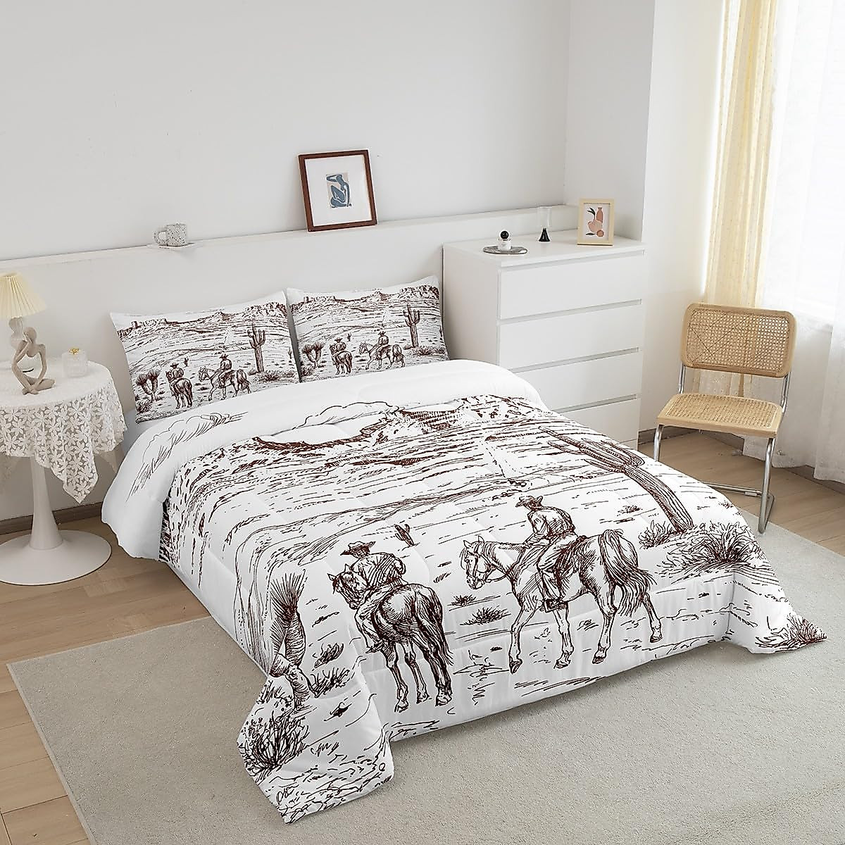 Cowboy Comforter Set Western Bedding Queen Size Wild West American Desert Rustic Hand Drawn Illustration Bedroom Decor Bedding Comforter Sets For Boys Adults Men Girls Rustic Farmhouse Duvet Insert