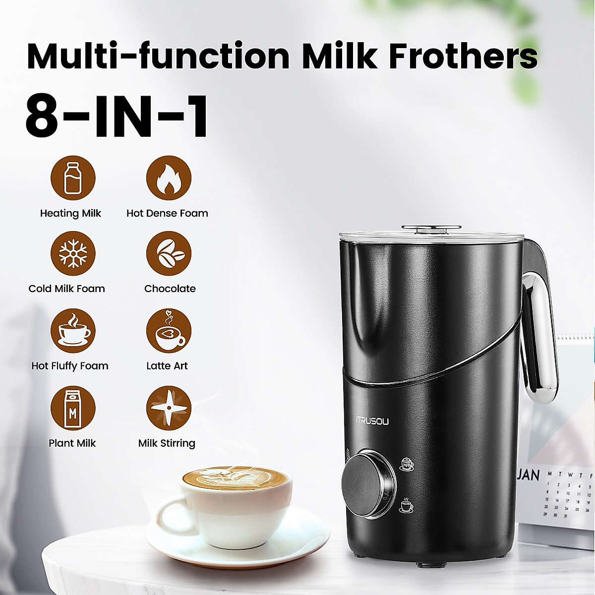 iTRUSOU Milk Frother and Steamer, 8-in-1 Electric milk frother, Automatic Hot and Cold Foam Maker for Coffee, Stainless Steel Milk Warmer Dishwasher Safe (Black)