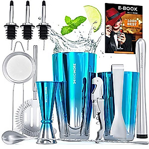 Bartender Kit. Boston Cocktail Shaker Set. Mixology Bar Set Tools Accessories for Professional and Home Bartending. Barware Kit: Two Weighted Shaker Tins, Muddler, Strainer, Jigger, Mixing Spoon, etc
