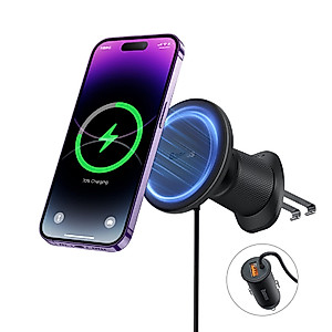 for Magsafe Car Mount Charger, [All in One] Baseus 15W Fast Charging Phone Mount for Car Vent, Magnetic Wireless Car Charger with 40W USB A Car Charger and Cable for iPhone 15 14 13 12 Pro Max Plus