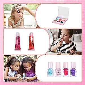 Makeup Kit for Girls, 17 Pcs Real Washable Pretend Play Cosmetic Set Toys with Lip Gloss Nail Polish Nail Stickers, Birthday Gifts for 3 4 5 6 7 8 9 10 Years Old Girls