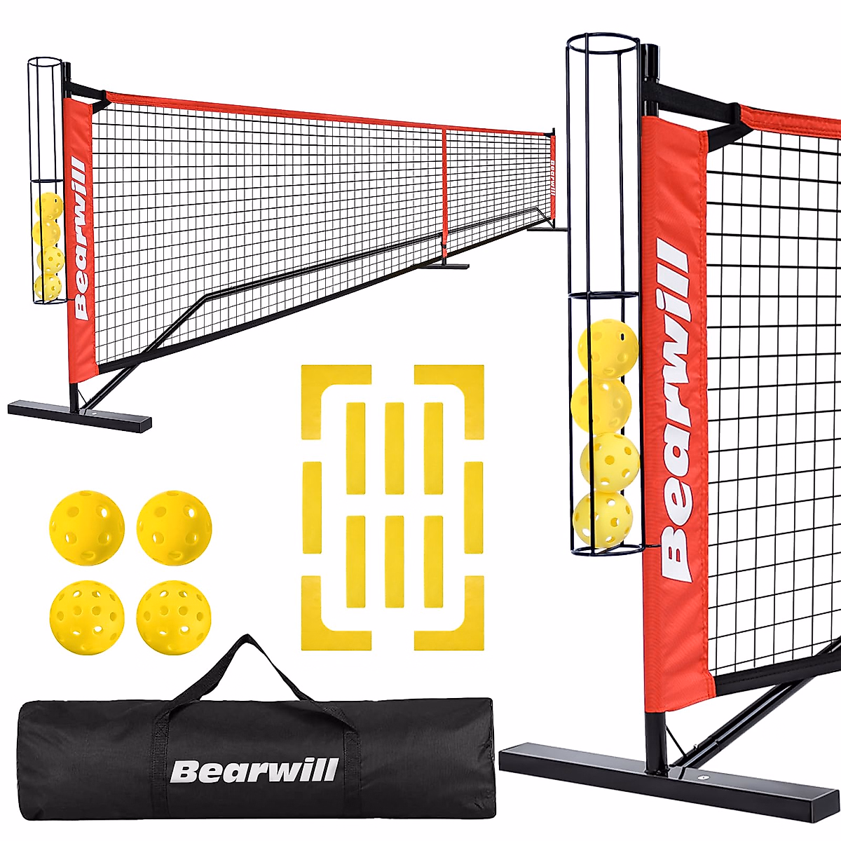Bearwill Pickleball Net, 22 FT Pickleball Net for Driveway, Regulation Size Portable Pickle Ball Net for Outdoor Backyard, Steady Metal Frame with Court Marker, Ball Holder, 4 Pickleballs & Carry Bag
