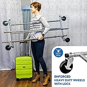 Tatkraft Drogo Heavy Duty Clothes Rack on Wheels, 220lb Load, Adjustable Garment Rack Length 4-6ft, Height 4,7-5,5ft, Easy to Assemble, Chromed Steel