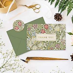 Whaline 24 Pack Plants Floral Gold Foil Thank You Cards Bulk Green Flower Greeting Cards with Envelope Sticker Vintage Blank Note Cards for Birthday Baby Shower Party Supplies, 4 x 6 Inch