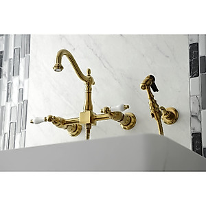 Kingston Brass KS1267PLBS Heritage 8-Inch Centerset Wall Mount Kitchen Faucet with Brass Sprayer, Brushed Brass